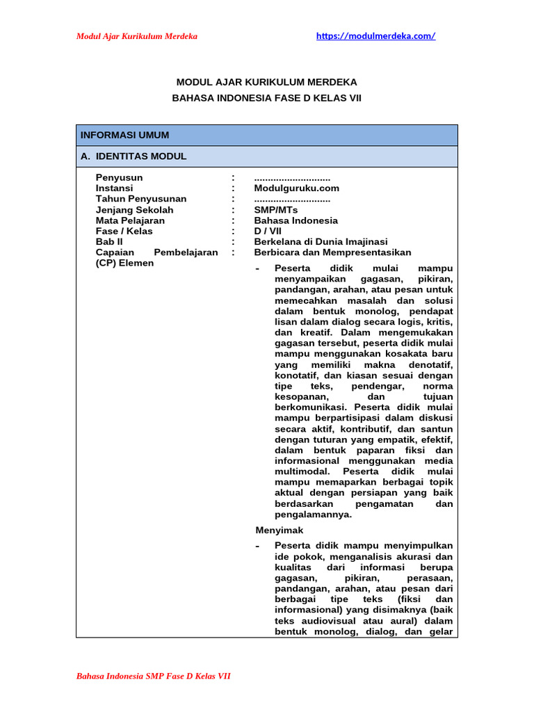 Modul Ajar Bahasa Indonesia Kelas 7 Bab 2 Modulmerdeka.com | PDF