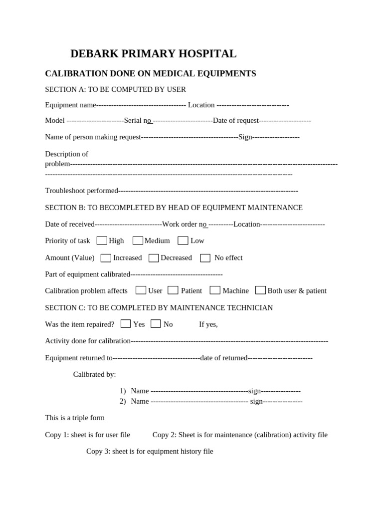 Medical Equipment Calibration Form | PDF