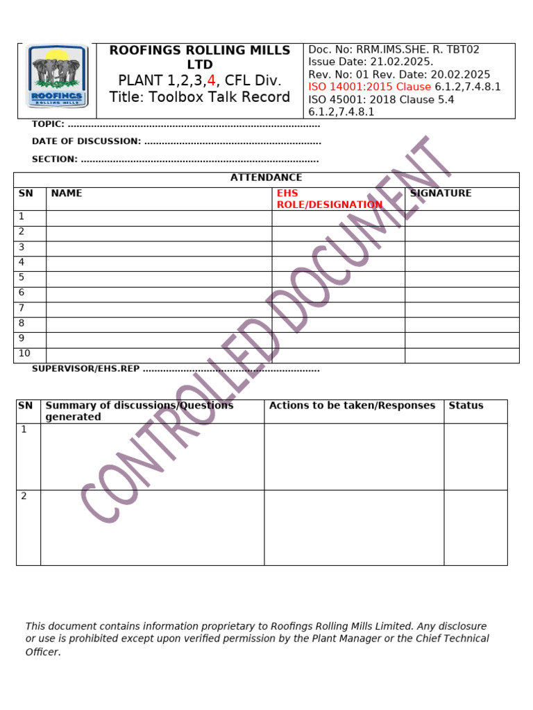Toolbox Talk Record - RRM 2025 | PDF