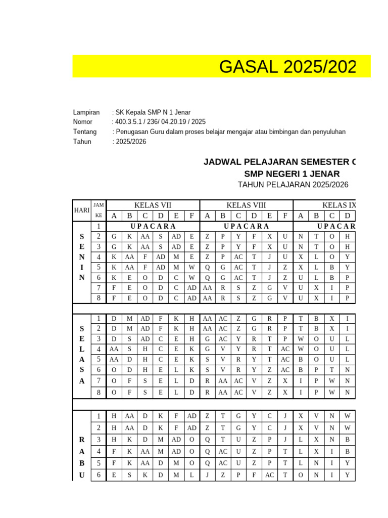 File Jadwal Pelajaran 25 26 Gasal | PDF
