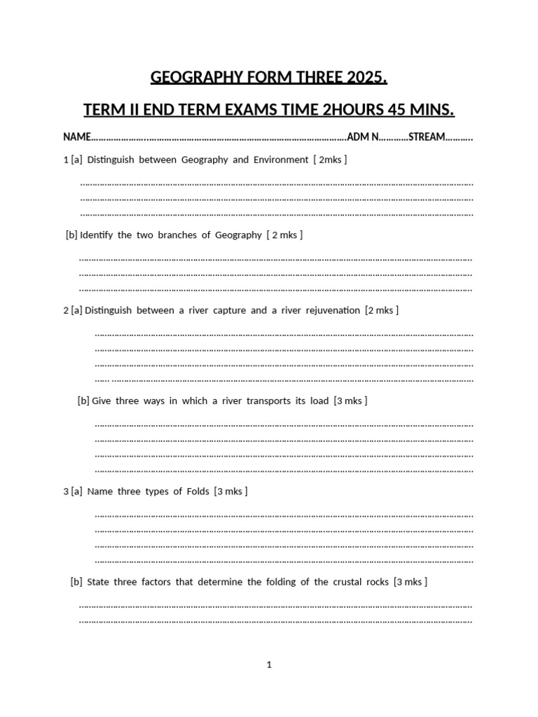 Collins Ogega GEOGRAPHY FORM 3 EXAMS 2025 | PDF | Earth Sciences ...