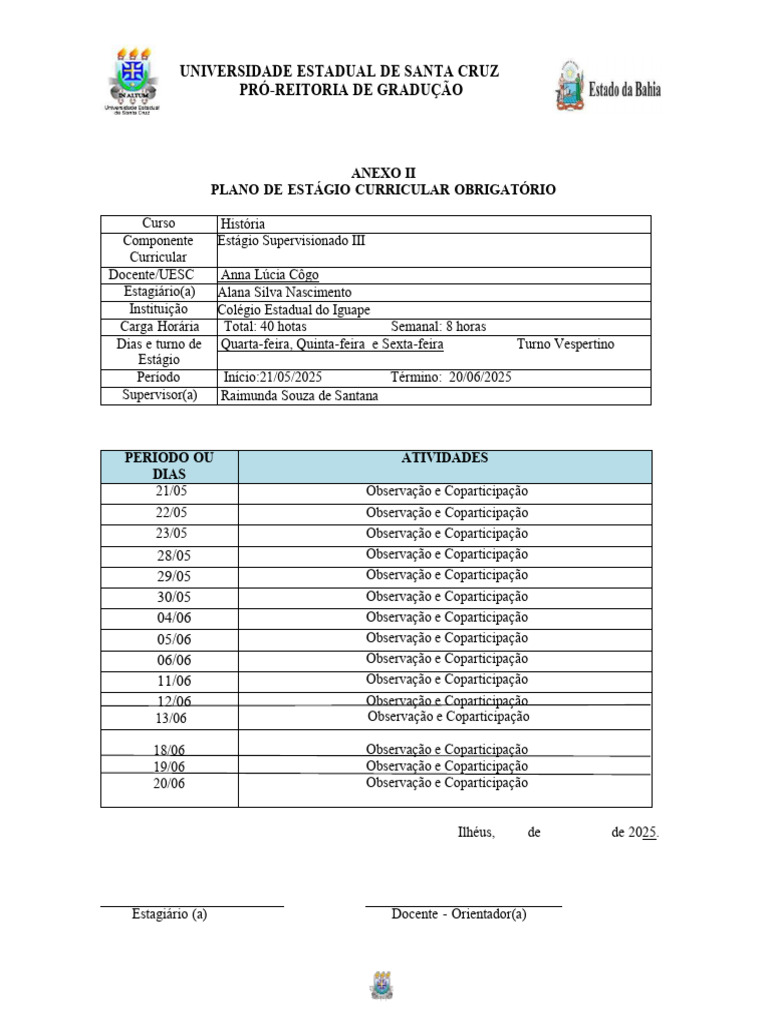 Plano de Estágio em História - UESC | PDF
