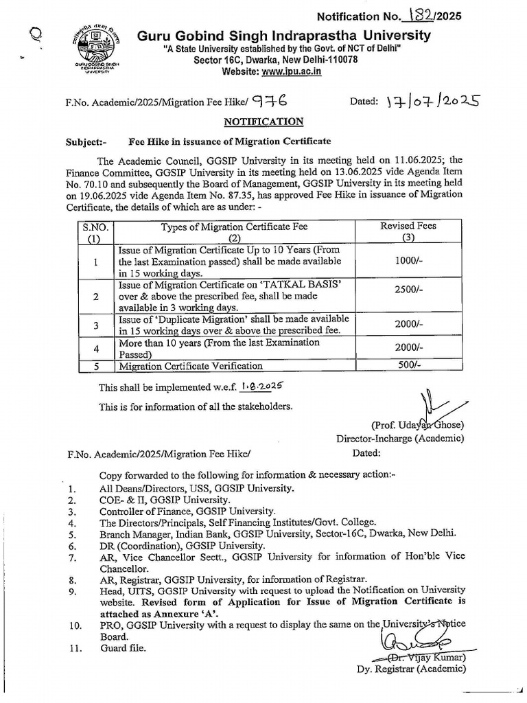 Migration Certificate Fee Hike Notification | PDF