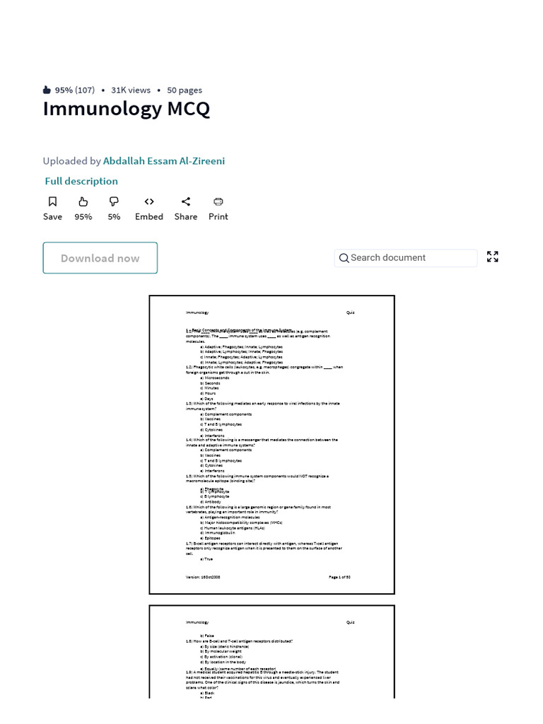 Immunology MCQ PDF Adaptive Immune System Immune System 1 | PDF ...