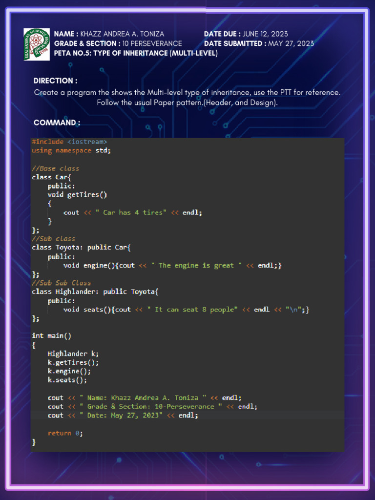 Type of Inheritance (Multi-level) | PDF
