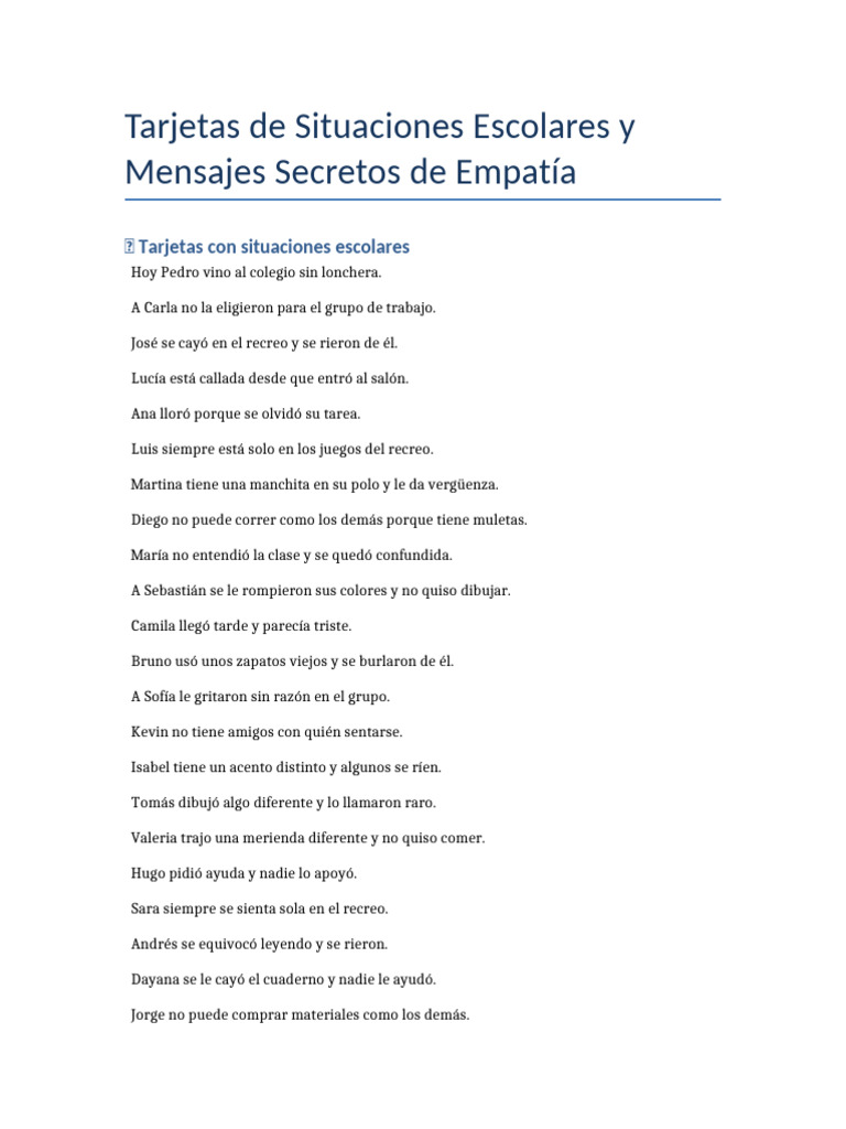 Tarjetas Situaciones y Mensajes Empatia | PDF