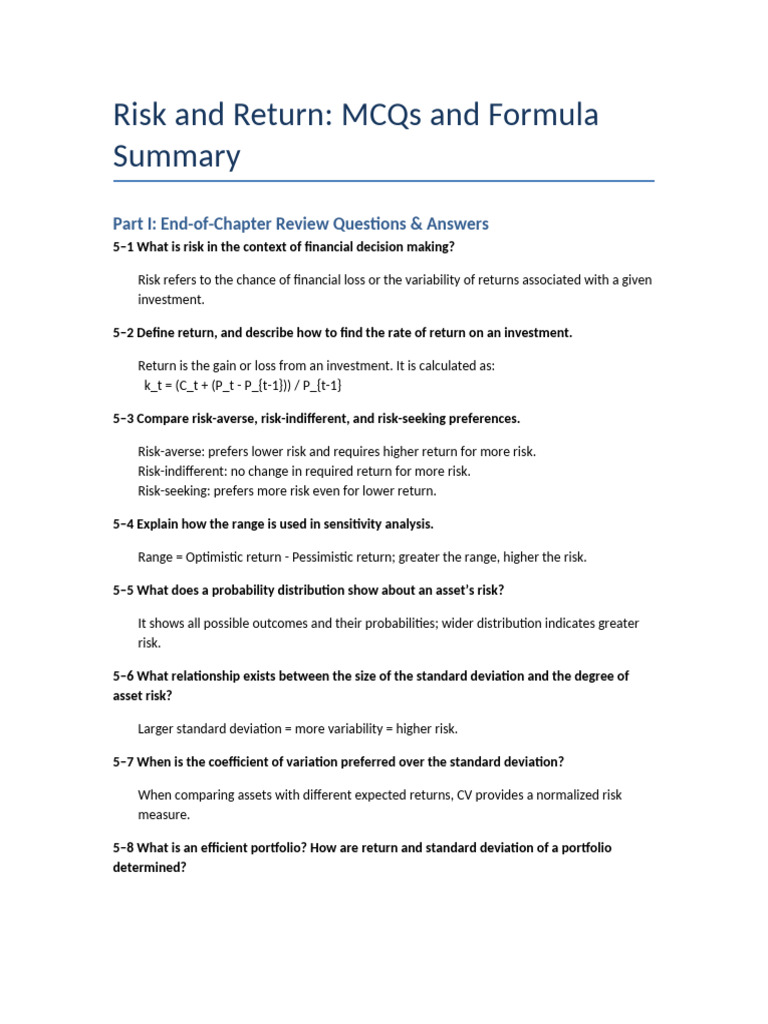 Risk Return Formatted QA Formula Sheet | PDF | Risk | Standard Deviation