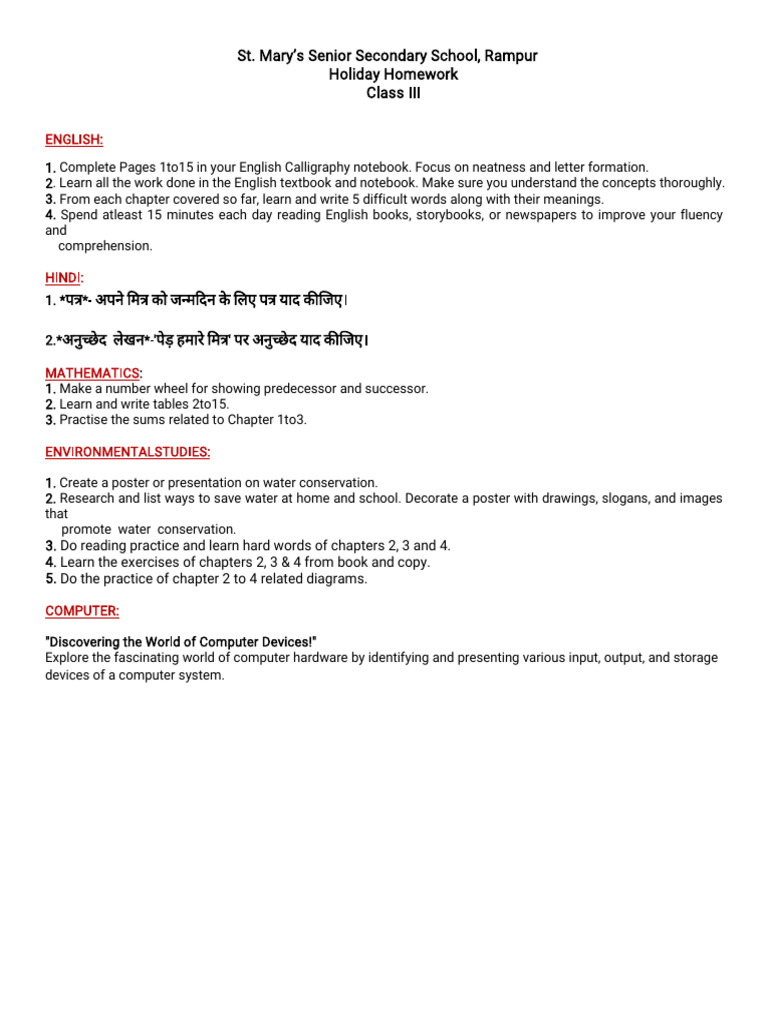 Class III Holiday Homework | PDF