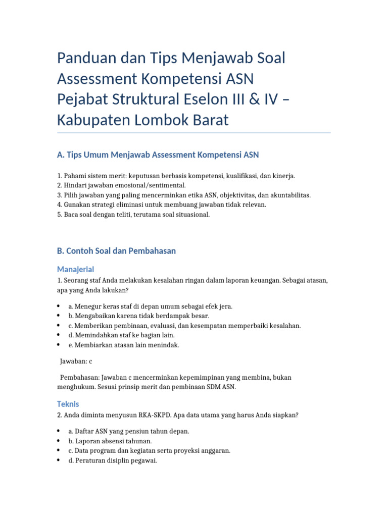 Contoh Soal Uji Kompetensi ASN Eselon III-IV | PDF