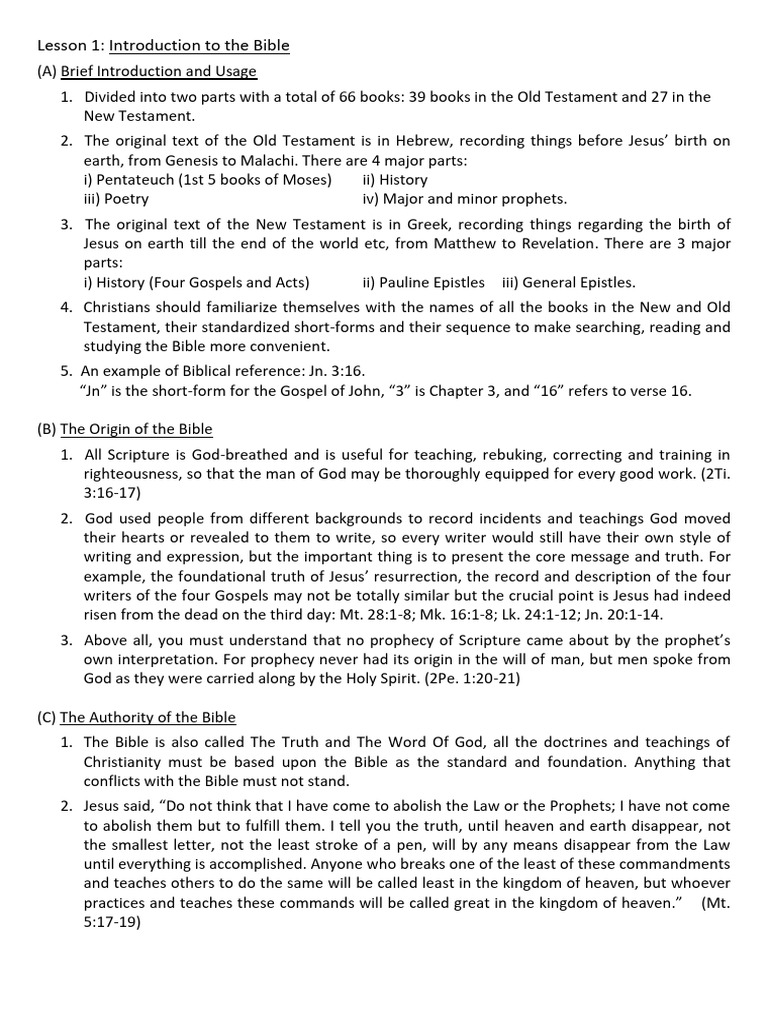 Baptismal Class Lesson 1 - Introduction To The Bible | PDF | Bible | Gospel Of John