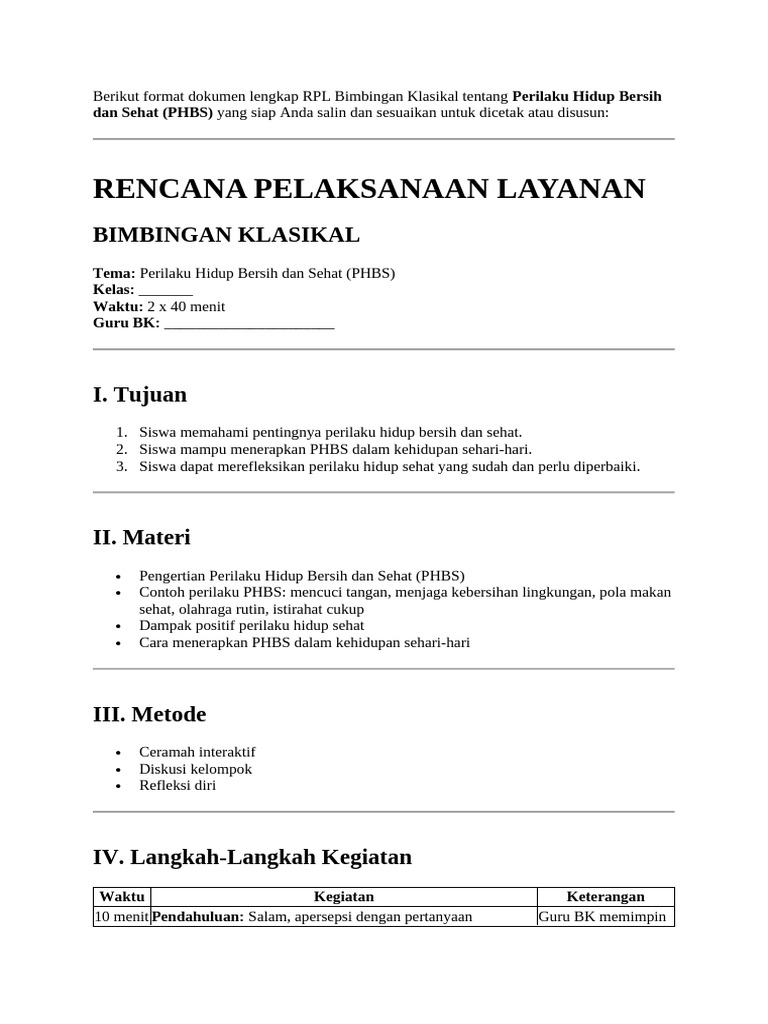 Berikut Format Dokumen Lengkap RPL Bimbingan Klasikal Tentang Perilaku ...