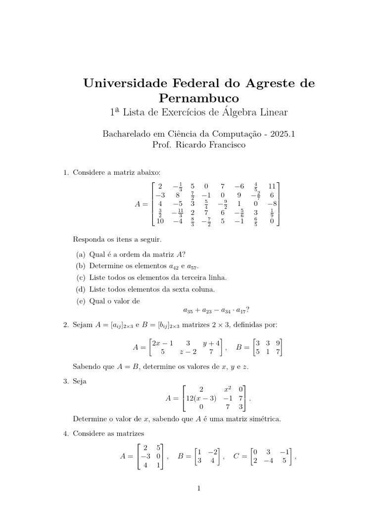 Exercícios de Álgebra Linear - UFAPE 2025.1 | PDF | Matriz (Matemática ...
