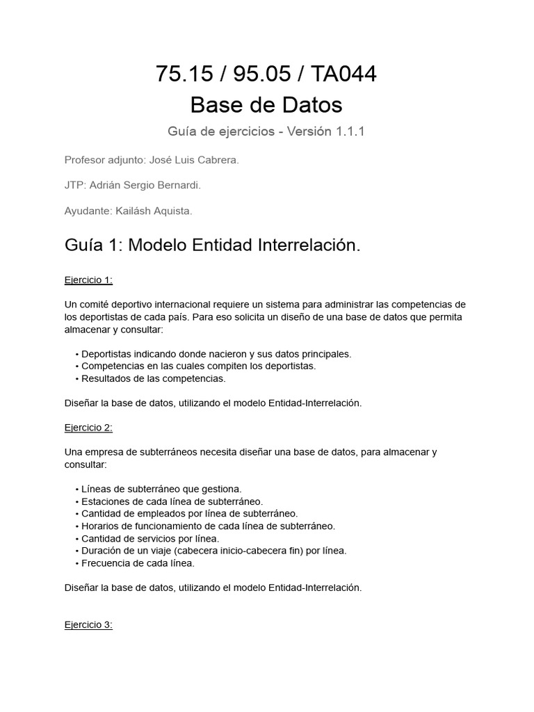Base de Datos Curso Cabrera Guía de Ejercicios Version 1 | PDF | Base de datos relacional ...