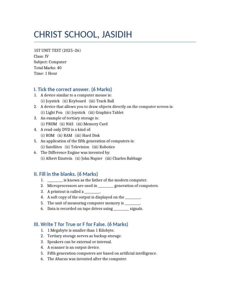 Class 4 Computer Question Paper 2025-26 | PDF