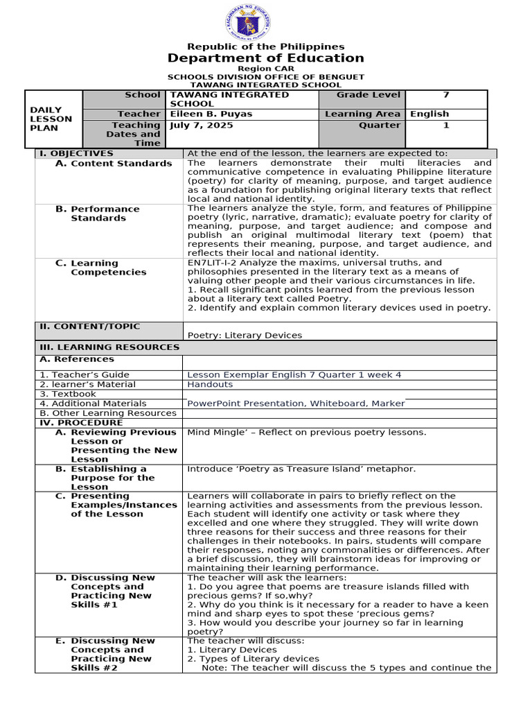 Daily Lesson Plan g7 w4 Quarter 1 English July 7-11 2025 | PDF ...