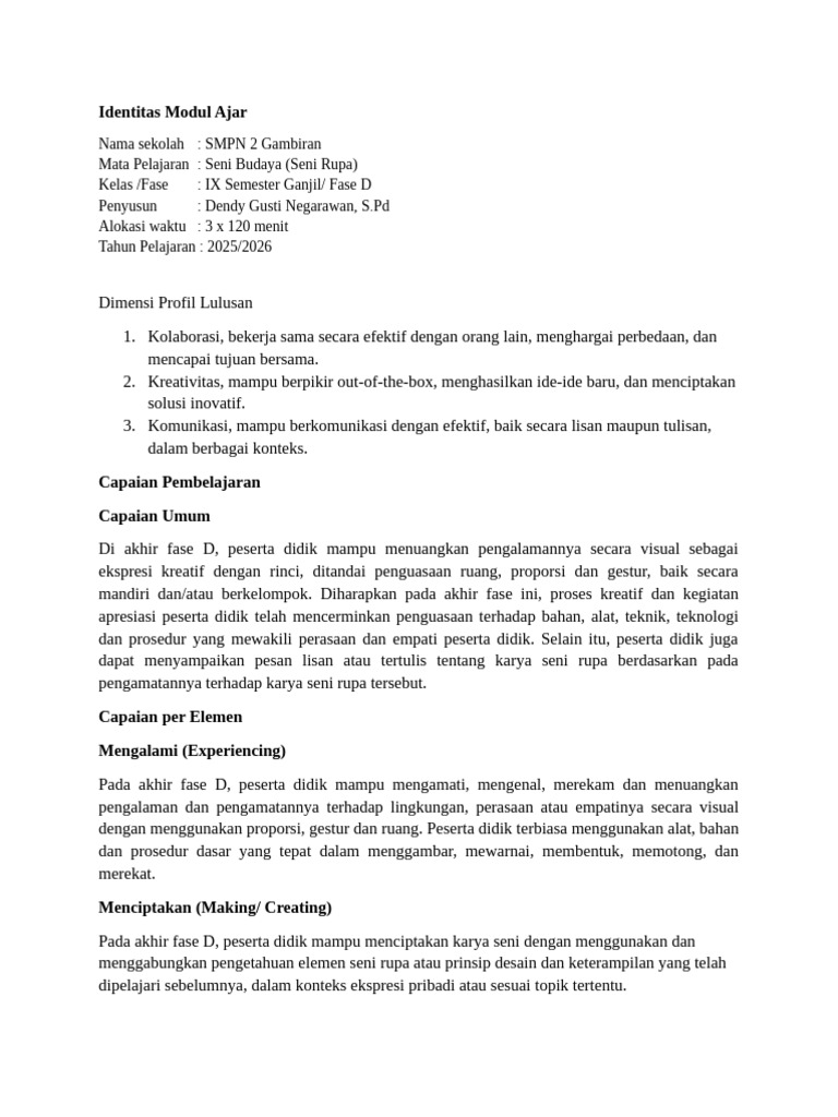 Modul Ajar Kelas IX Pertemuan Pertama Menggambar 2025 2026 | PDF