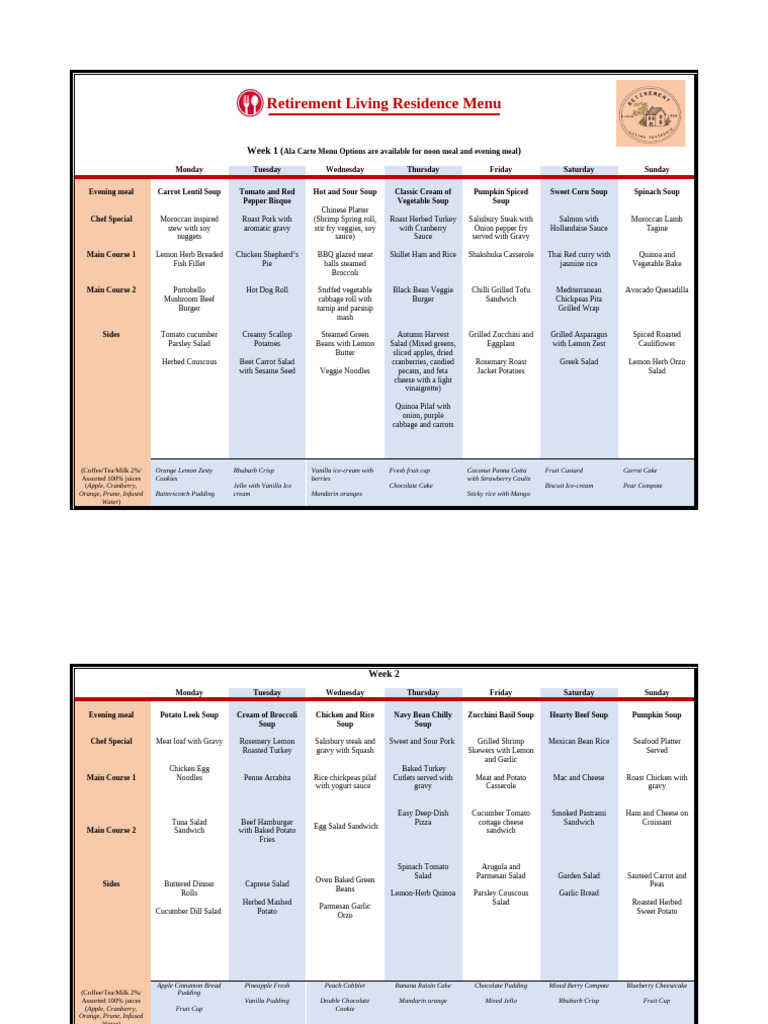 Retirement Residence Weekly Menu | PDF | Salad | Hamburgers