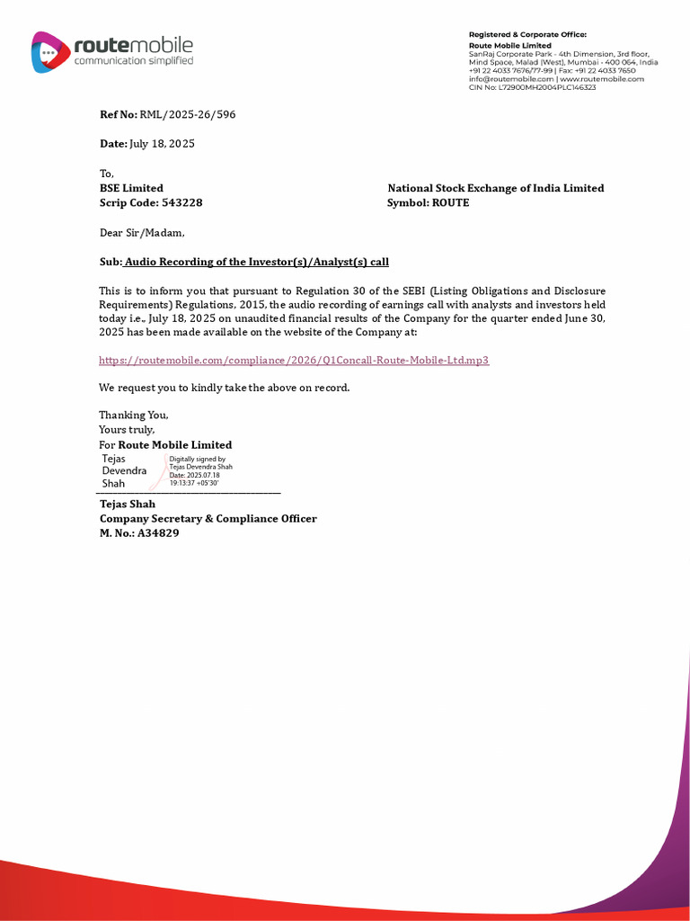 Ref No: RML/2025-26/596 Date: July 18, 2025 BSE Limited Scrip Code: 543228 | PDF