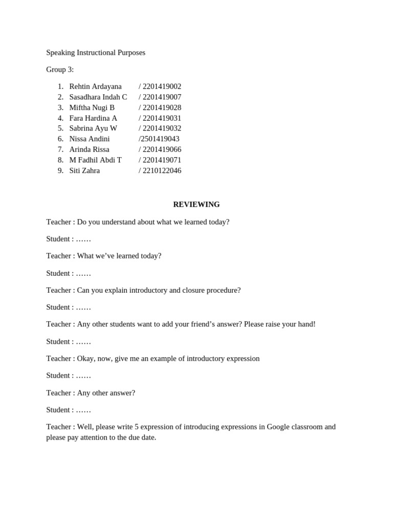 Speaking Instructional Purposes - Group 3 - Reviewing | PDF