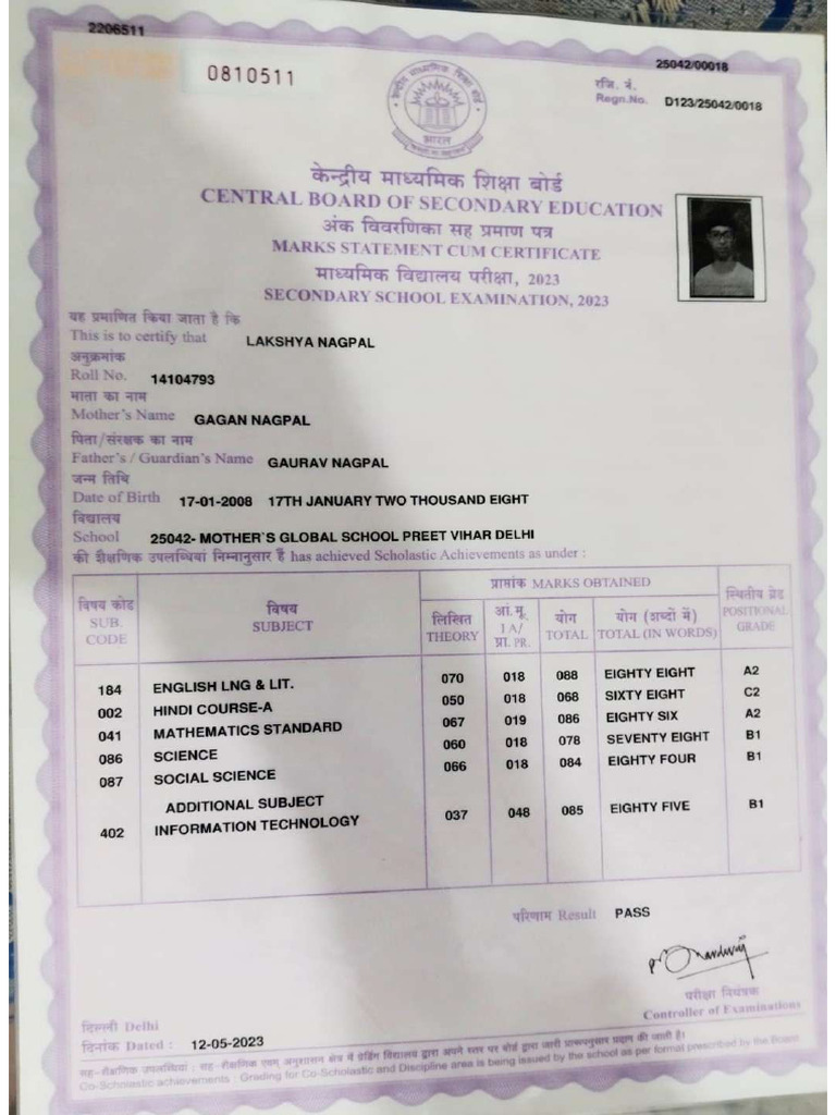 Class X Marksheet | PDF
