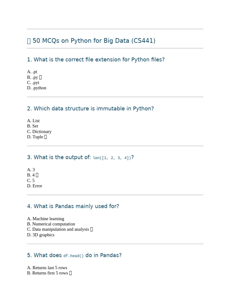 CS441: Python MCQs for Big Data | PDF | Apache Spark | Json
