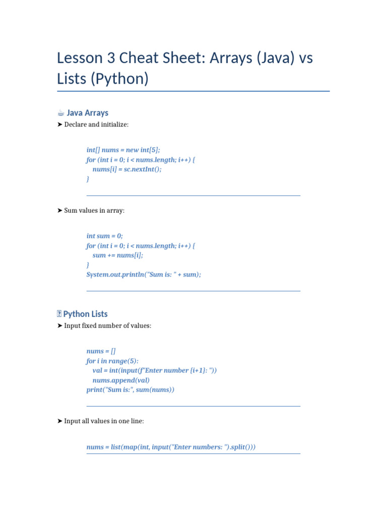 Lesson3 Arrays Lists CheatSheet | PDF