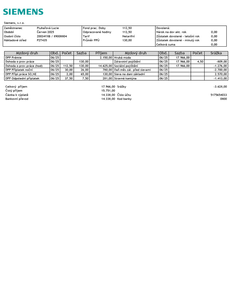 Payslip Sie CZ001 C5 Y2025 P06 E18030595 R01 | PDF