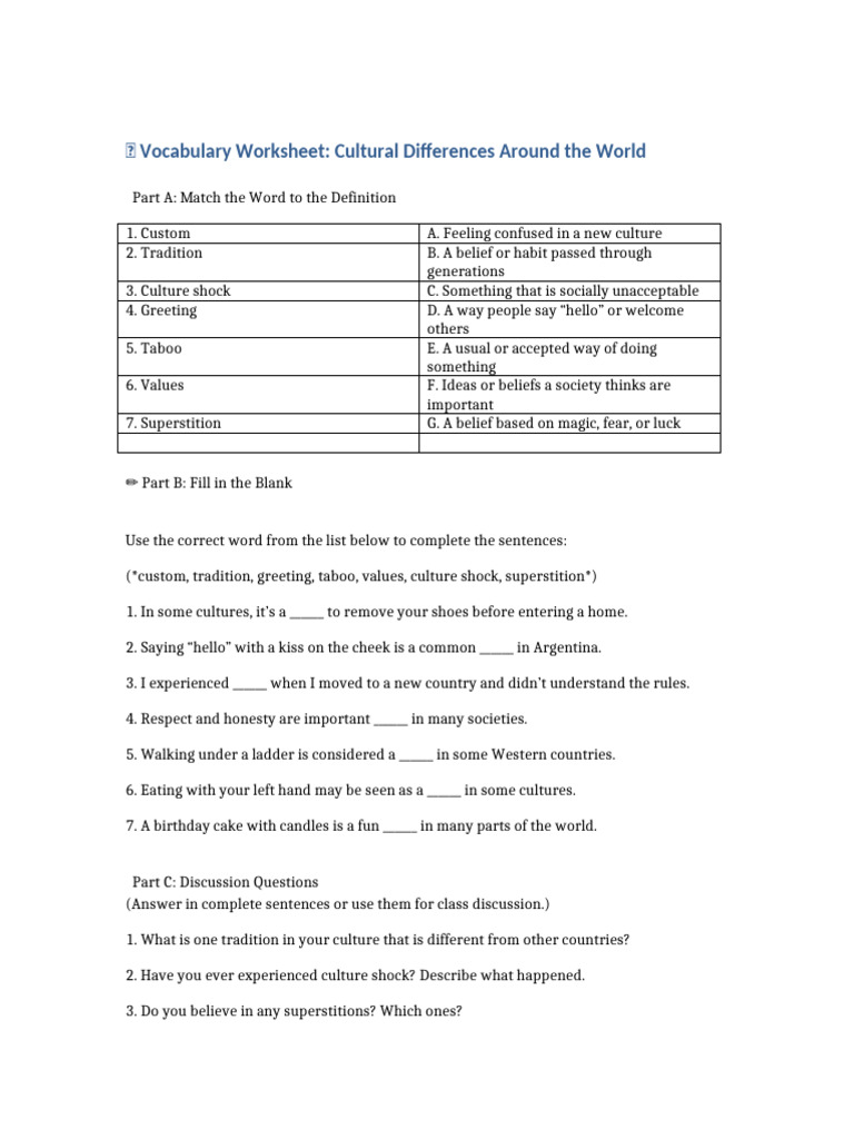 Cultural Differences Vocabulary Worksheet | PDF