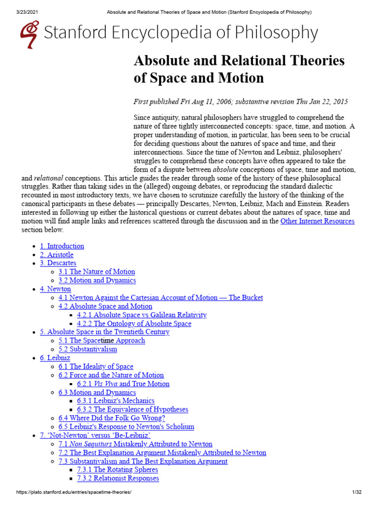 Absolute and Relational Theories of Space and Motion (Stanford ...