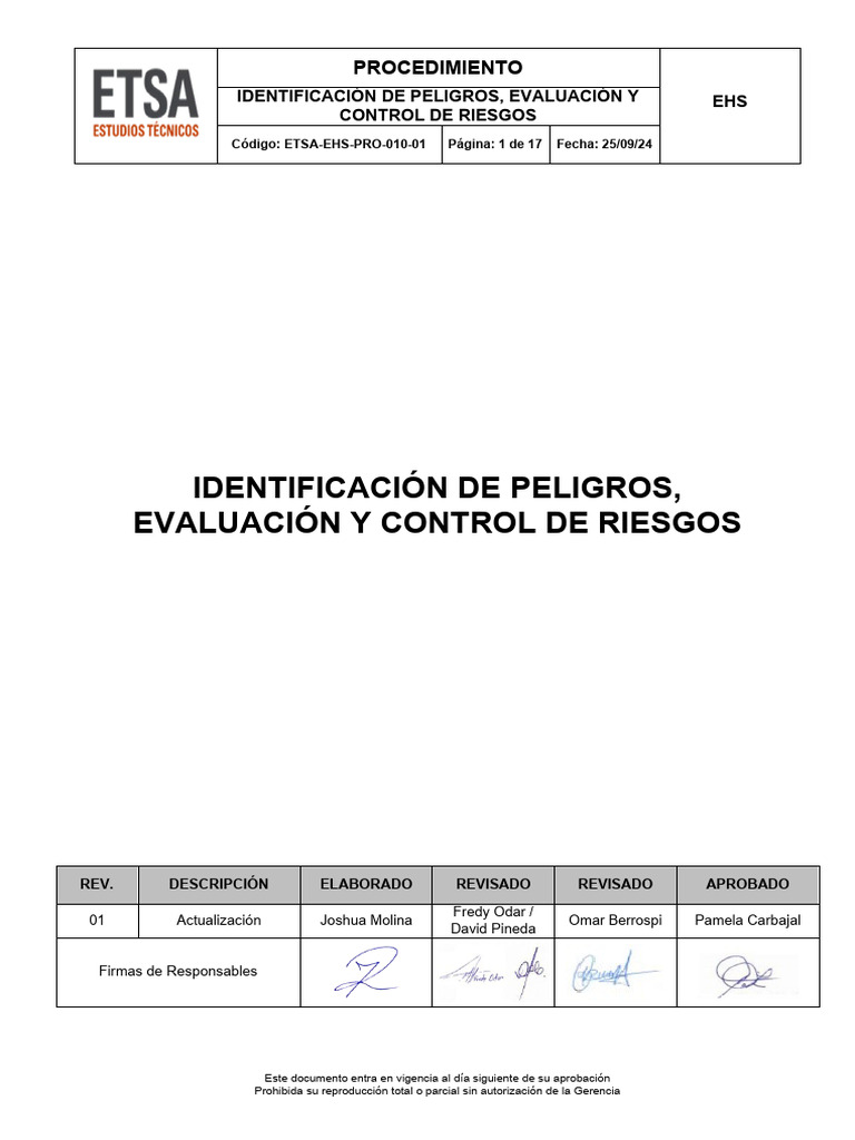 ETSA-EHS-PRO-010-01 Identificación de Peligros Evaluación y Control de Riesgos | PDF | Riesgo ...