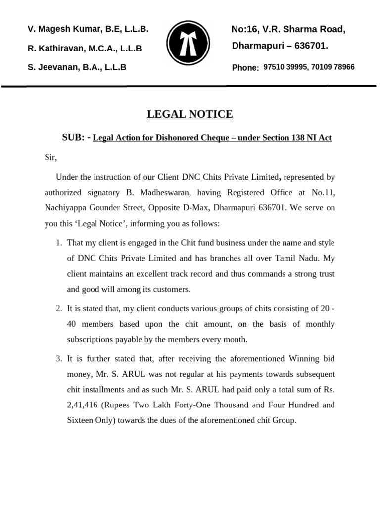 Legal Notice Kumudha Arul | PDF | Cheque