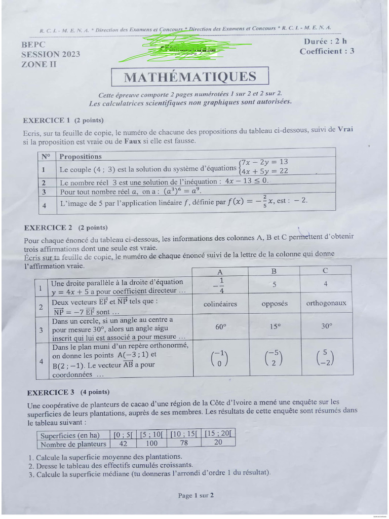 Bepc 2023 Maths Zone 2 | PDF
