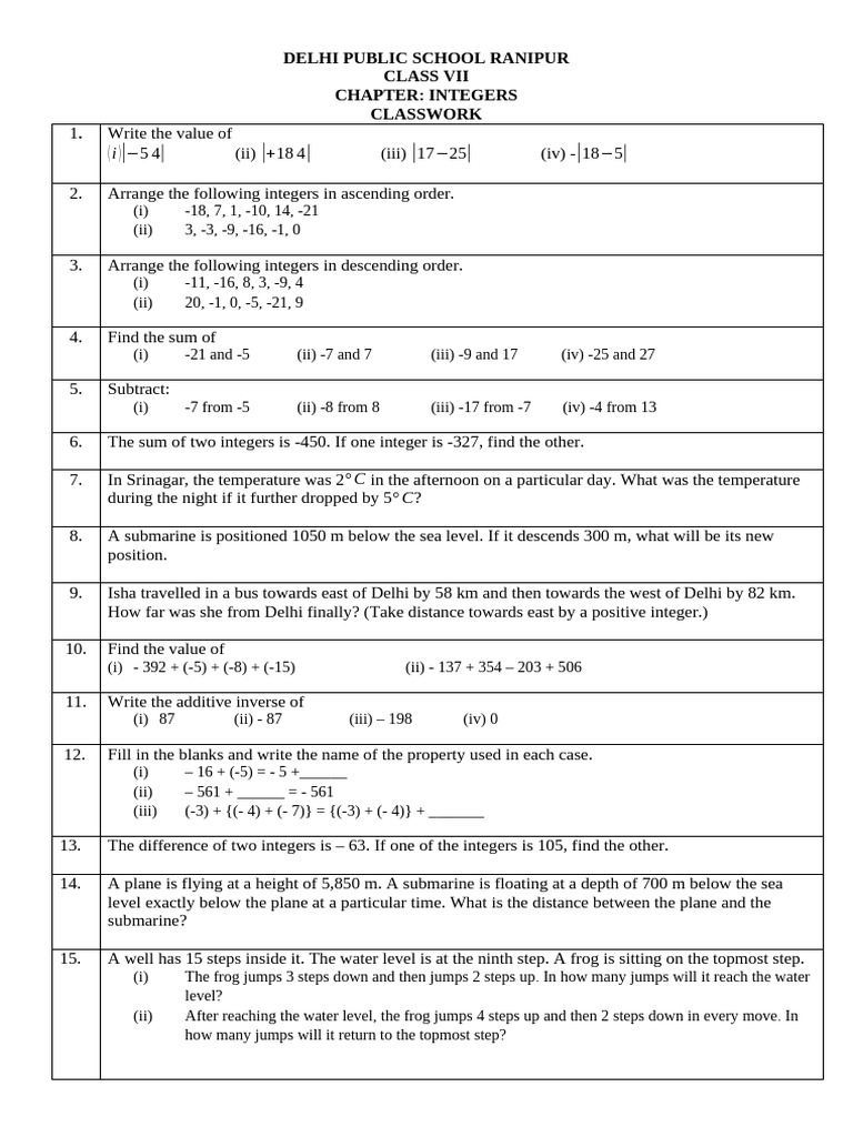 Classwork Chapter 1 Integers | PDF