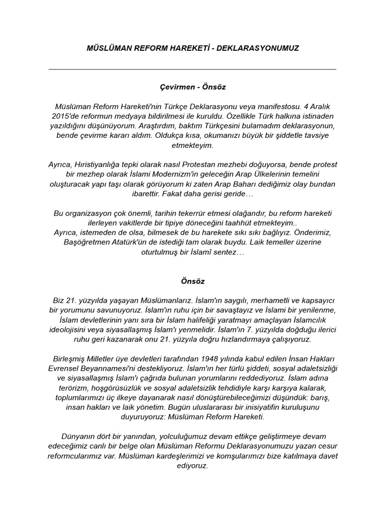 Musluman Reform Hareketi - Deklarasyonumuz 1 | PDF