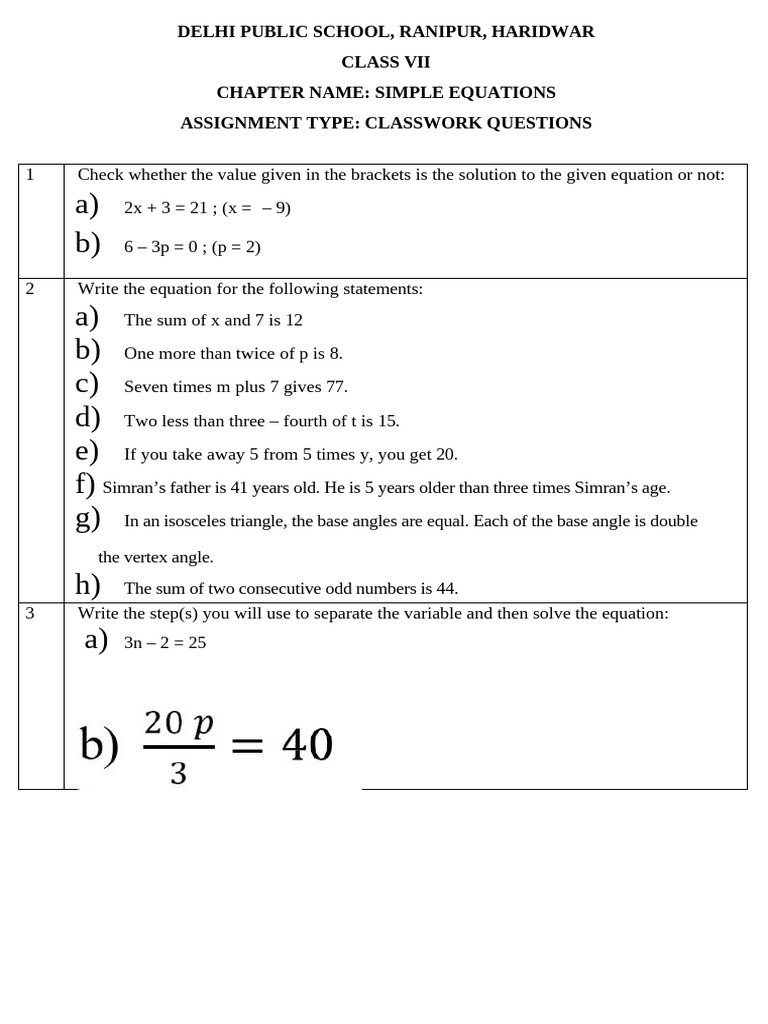 Simple Equations for Grade VII | PDF | Length | Equations