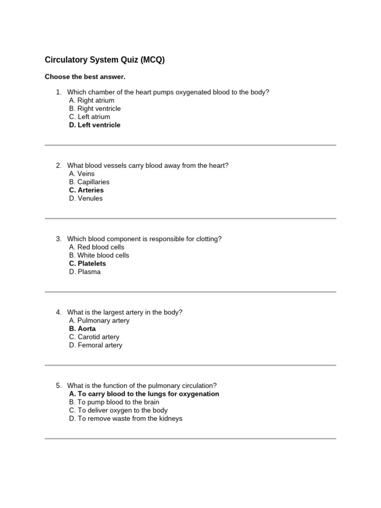 Circulatory System Quiz (MCQ) | PDF