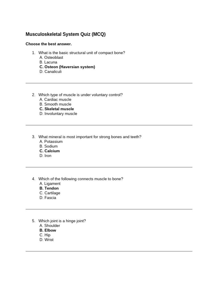 Musculoskeletal System Quiz (MCQ) | PDF