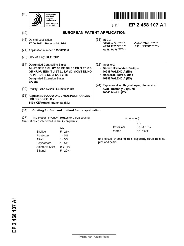 Coating For Fruit and Method For Its Application - EP 2468107A1 | PDF ...
