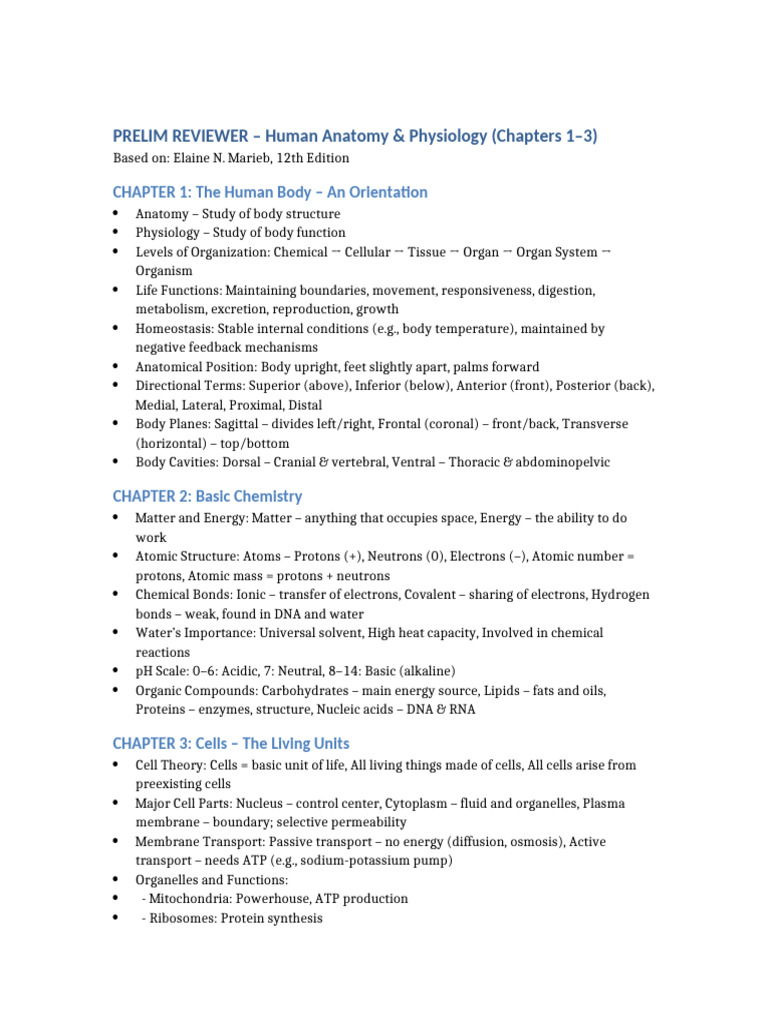 Prelim Reviewer Anatomy Physiology Marieb 12thed | PDF