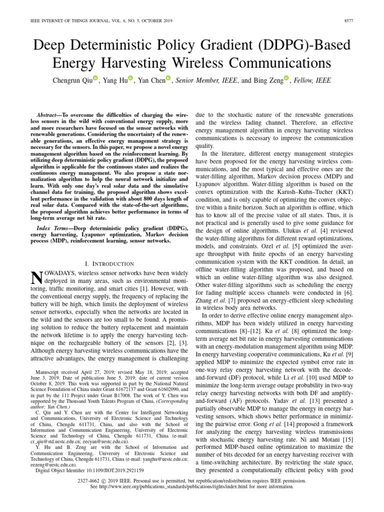 Deep Deterministic Policy Gradient DDPG-Based Energy Harvesting Wireless Communications-1 | PDF ...