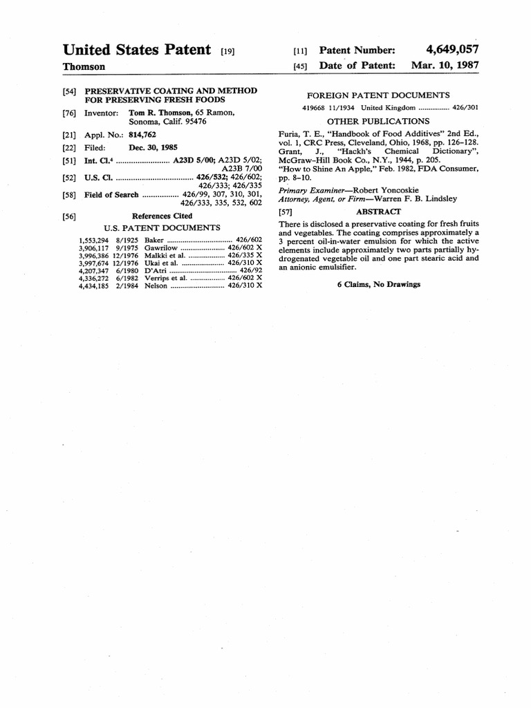 Preservative Coating and Method For Preserving Fresh Foods - US 4649057 ...