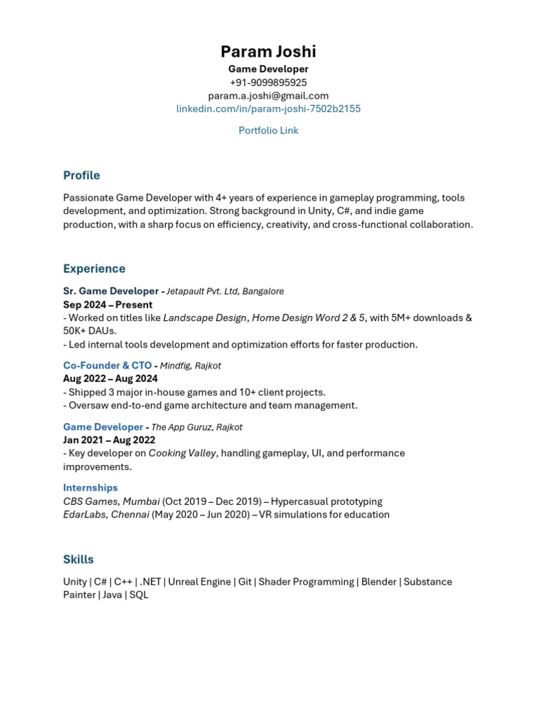 Param Joshi Game Dev Resume | PDF