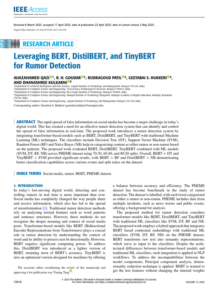 Leveraging BERT DistilBERT and TinyBERT For Rumor Detection | PDF | Computational Neuroscience ...
