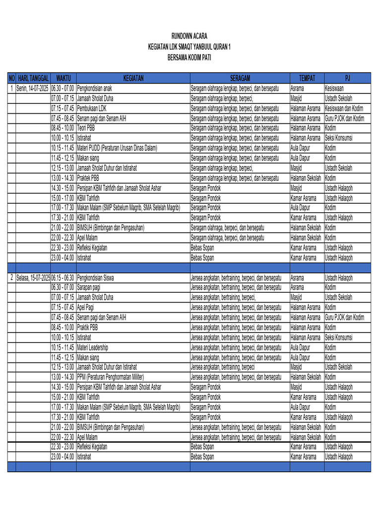 Rundown Kegiatan LDK SMAQT 2025 | PDF