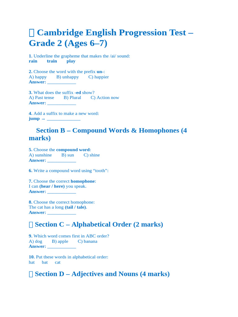 Cambridge English Stage 2 Progression Test-2025!07!10 Madam Patricia | PDF