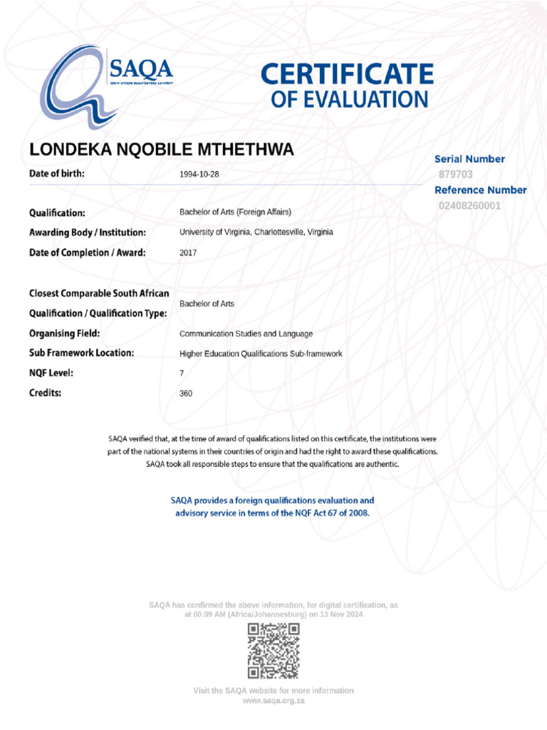 Saqa Certificate Sample | PDF