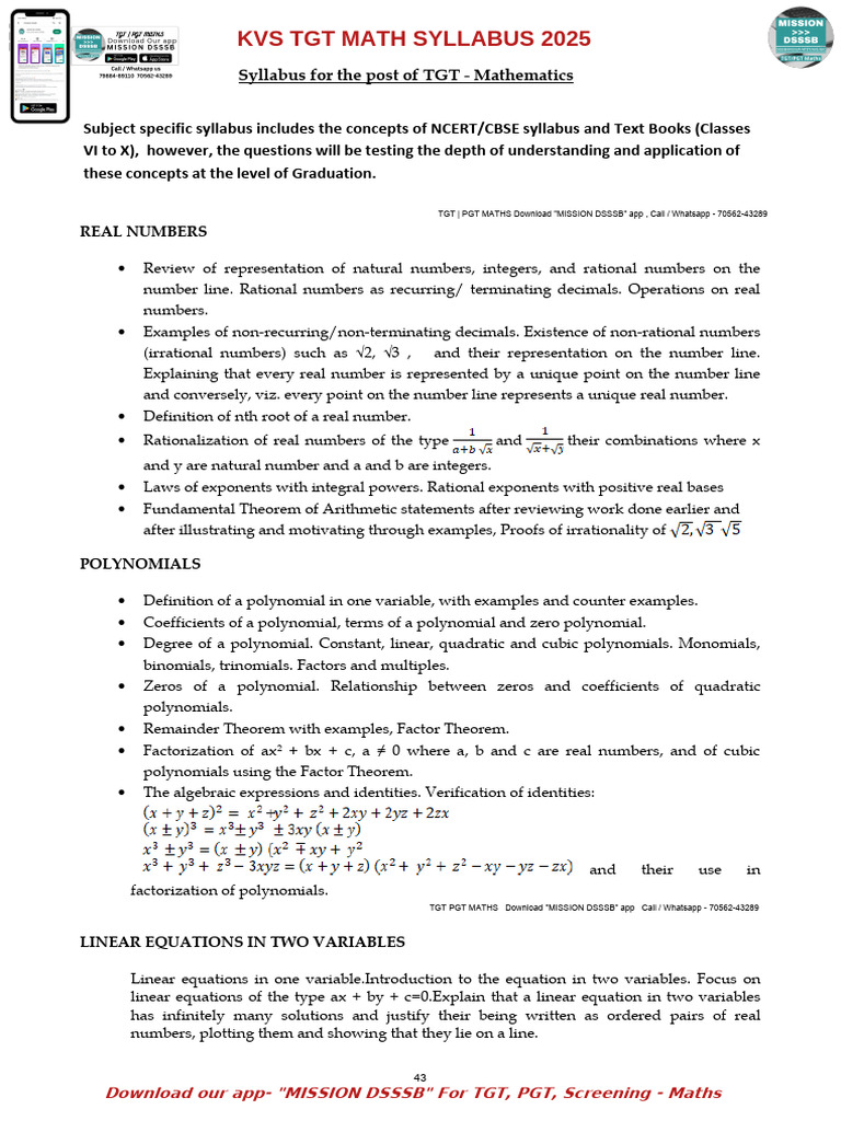 Kvs TGT Maths Syllabus 2025 | PDF | Triangle | Equations