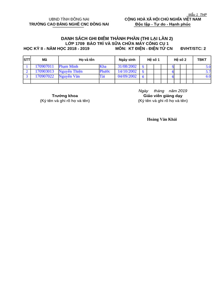 Diem Thi KT Dien Dien Tu 1709 Btsc1 TBD MCC - Thi Lai Lan 2 | PDF