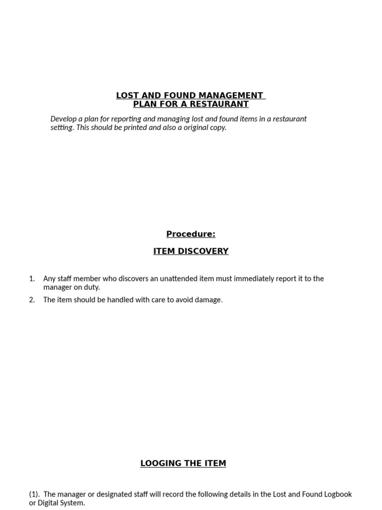 Restaurant Lost and Found Management Plan | PDF