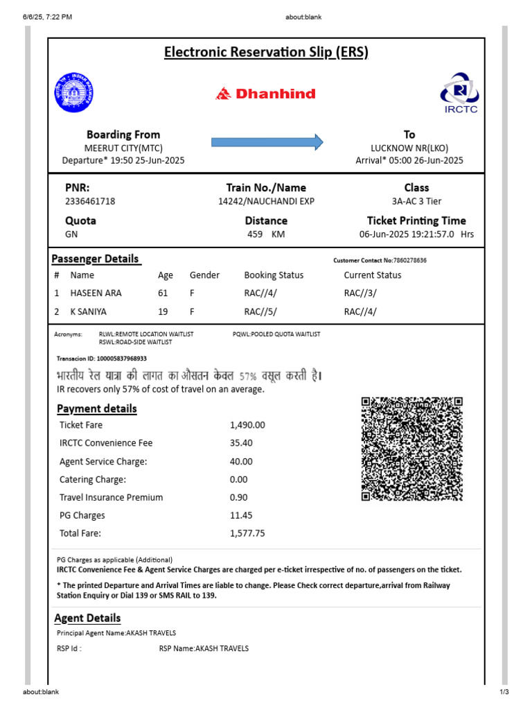 Meerut to Lucknow Train Ticket Details | PDF | Identity Document
